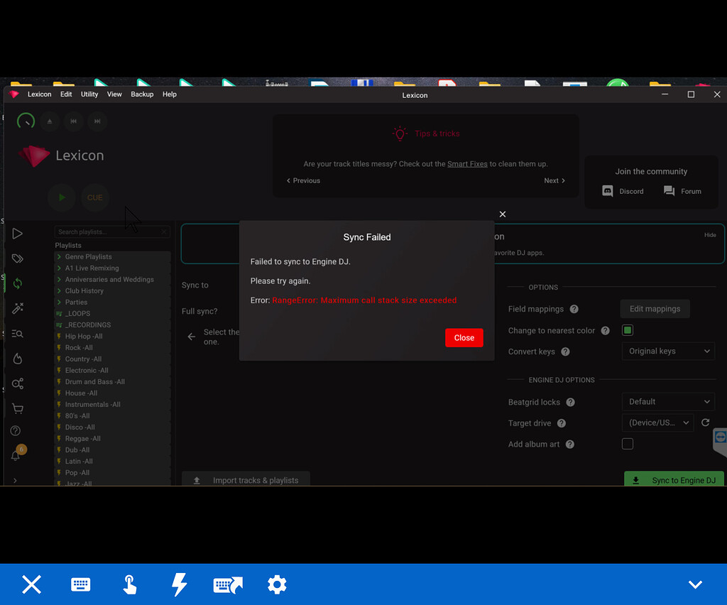 Sync with Engine DJ ends with Stack Overflow error - Questions & Help - Lexicon
